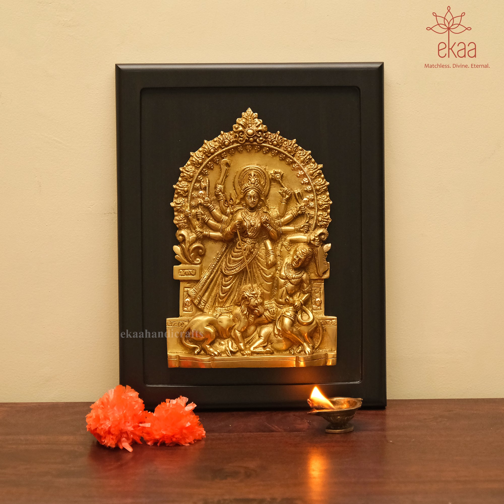 13" Goddess Durga Brass Wall Hanging with Frame – Divine Wall Decor ...