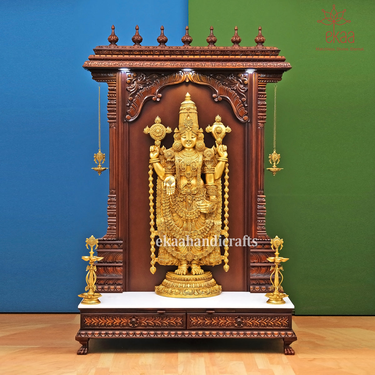 Large Tirupati Balaji in Wooden Frame Stand with Vaishnav Symbol Lamp ...